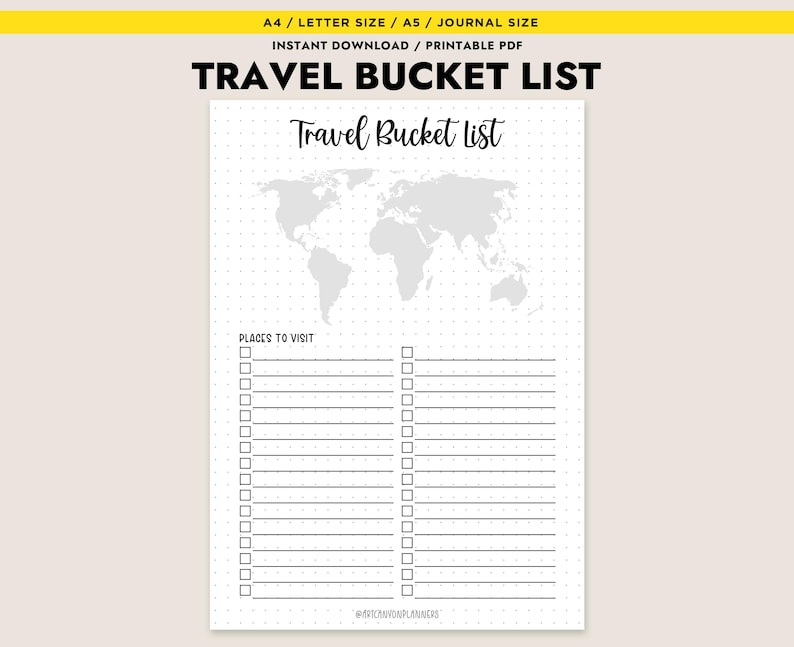 Printable Travel Bucket List World Map Destination Wishlist Instant ...