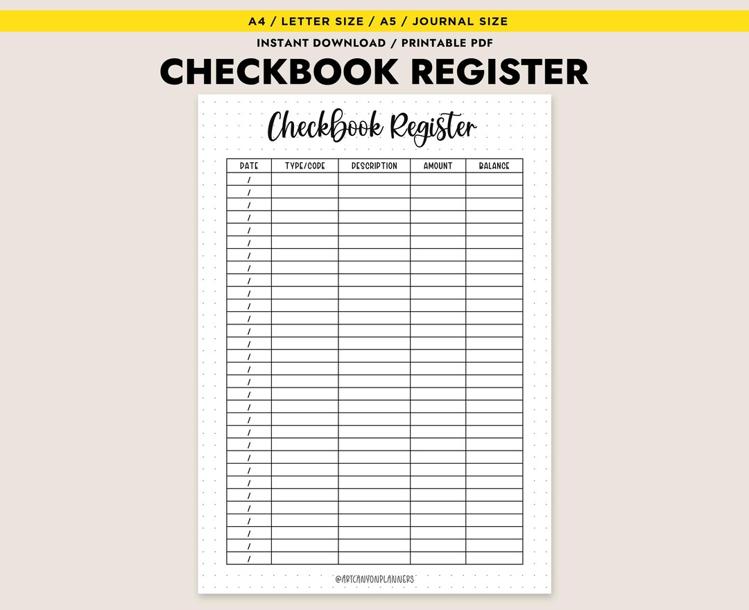 Printable Checkbook Register Transaction Log A4, A5, Letter, Journal ...