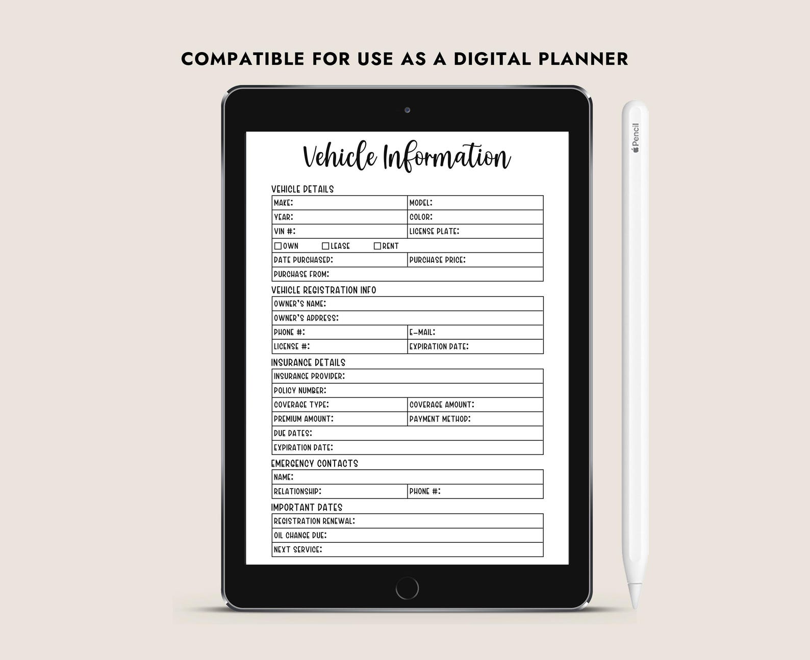 Vehicle Information Printable Car Maintenance Log Auto Organizer ...