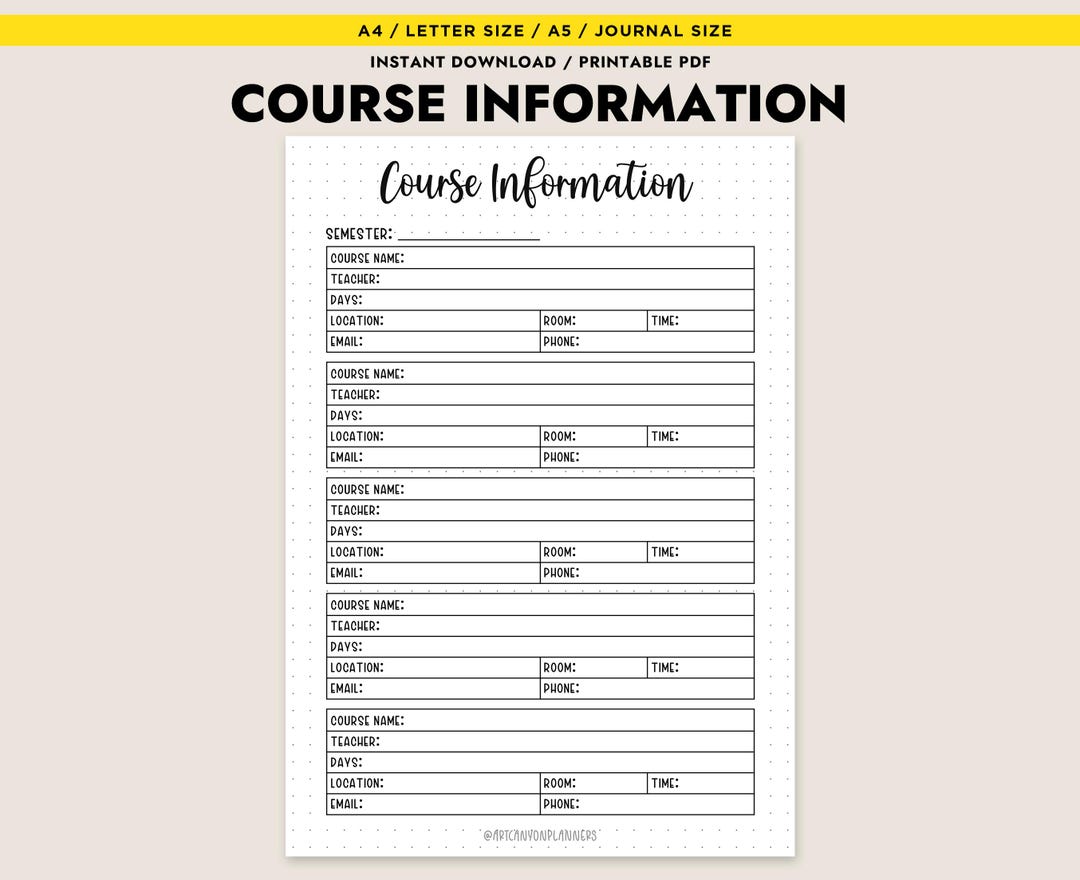 Course Information Page Digital Download Printable PDF A4 A5 Journal ...