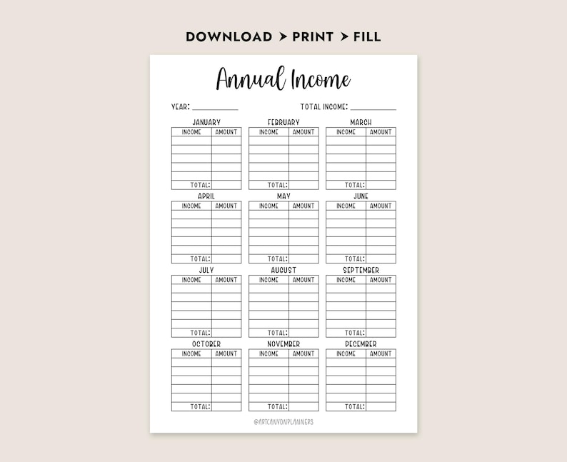 Annual Income Tracker Printable Monthly Earnings Log PDF Yearly Finance ...