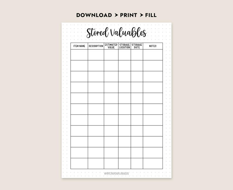 Stored Valuables Printable Inventory List Home Organization Tracker ...