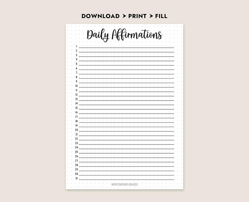 Daily Affirmations Printable Monthly Log Positive Thinking Self Care ...