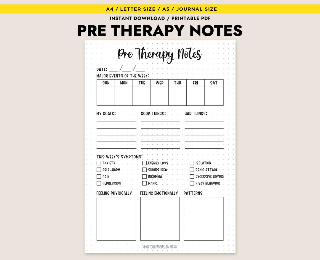 Pre Therapy Notes Printable Mental Health Journal Therapy Session Prep ...