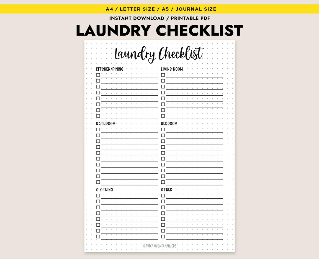 Laundry Checklist Printable Chore Chart Home Organization Planner A4 A5 ...