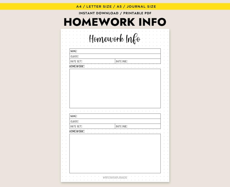 Printable Homework Info Tracker PDF Student Assignment Log School ...
