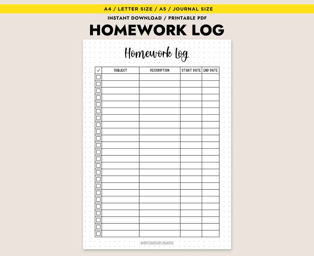 Homework Log Printable A4 Letter A5 Journal Size Instant Download Digital Homework Planner ...