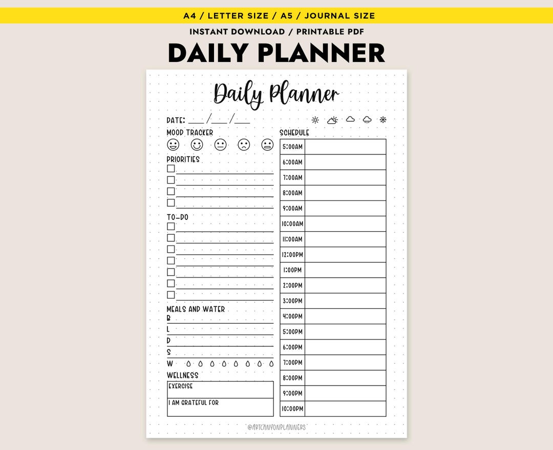 Daily Planner Printable PDF A4 Letter A5 Schedule to Do Mood Wellness ...
