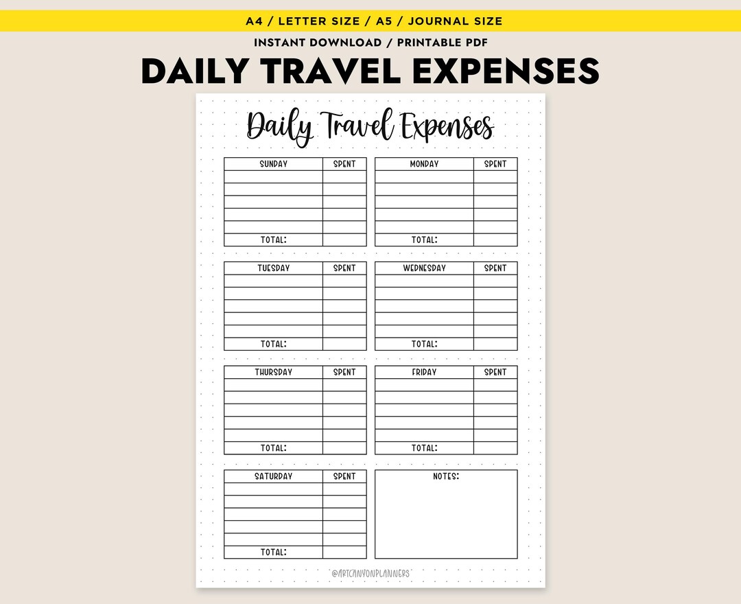 Printable Daily Travel Expenses Tracker A4 Letter A5 Vacation Spending ...
