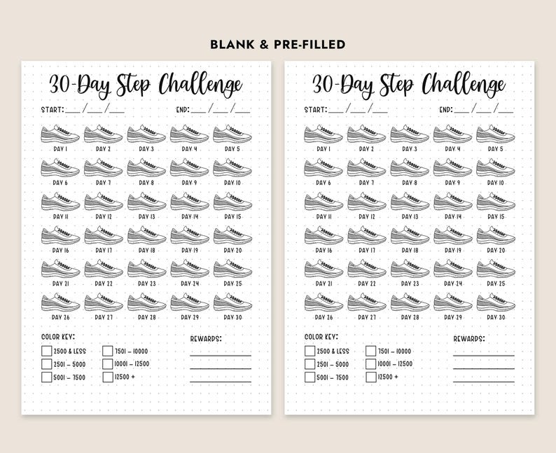 30 Day Step Challenge Tracker Printable Journal Page Planner Exercise ...