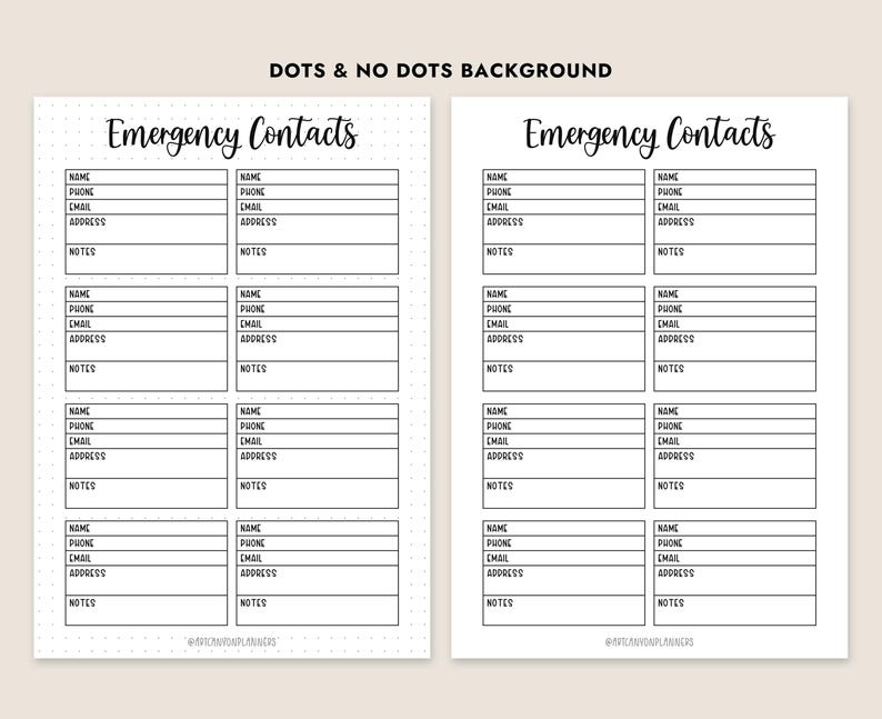 Printable Emergency Contacts List Address Book Insert Travel Safety ...