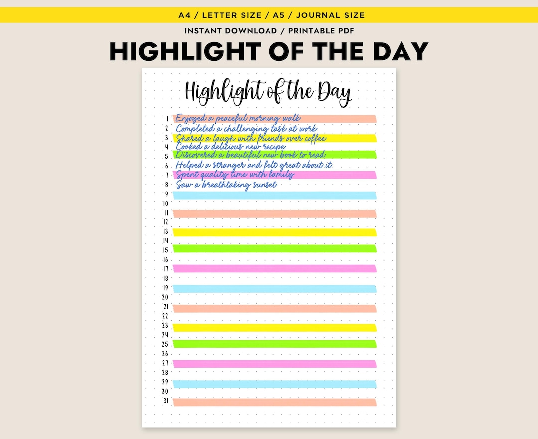 Highlight of the Day Tracker Printable Journal Page Gratitude Tracker ...