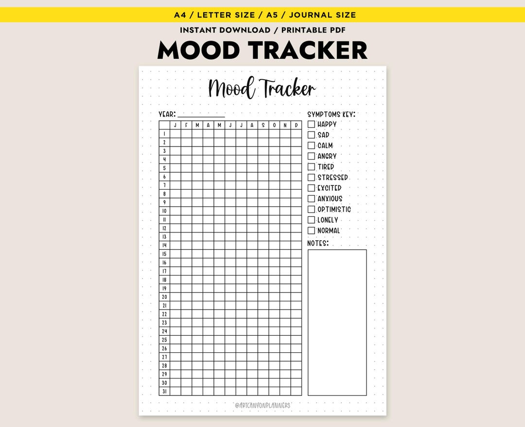 Yearly Mood Tracker Printable Daily Emotion Log Mental Health Journal ...