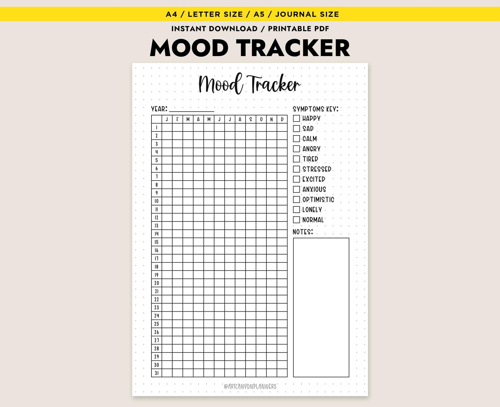 Yearly Mood Tracker Printable Daily Emotion Log Mental Health Journal ...