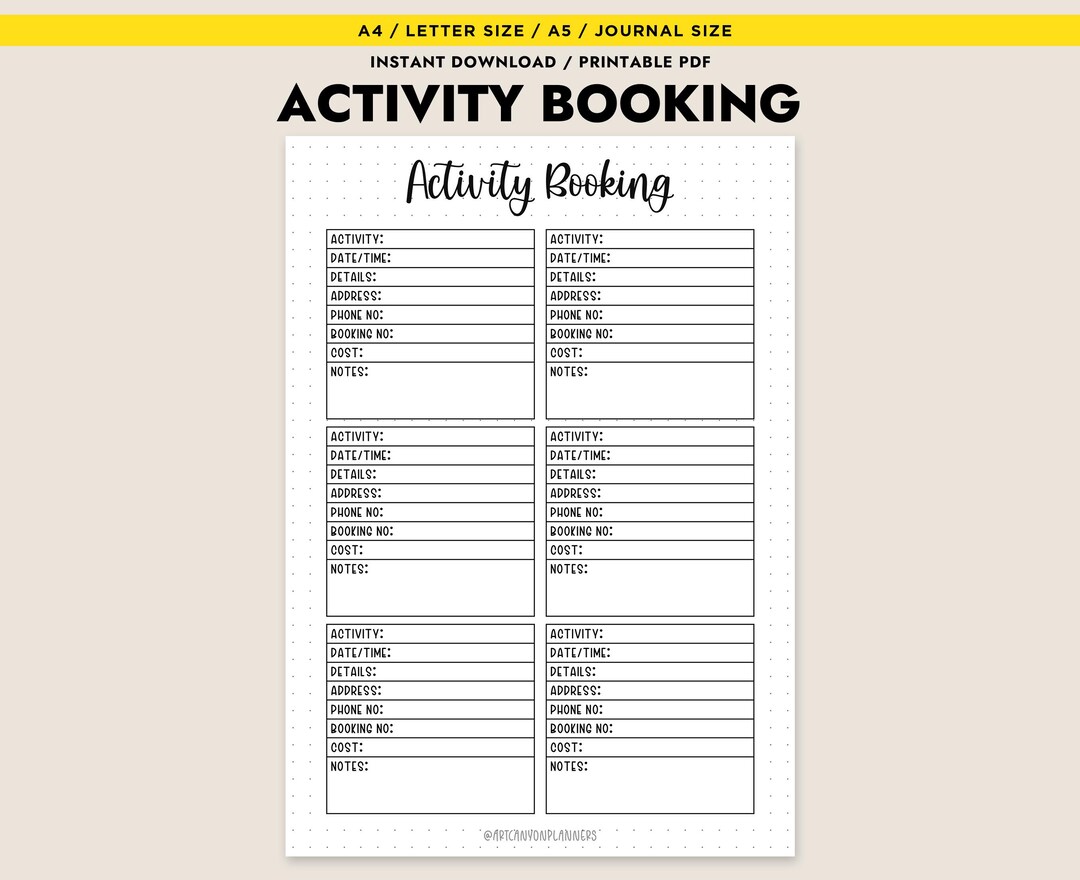 Printable Activity Booking Log Tour Reservation Tracker Travel Planner ...