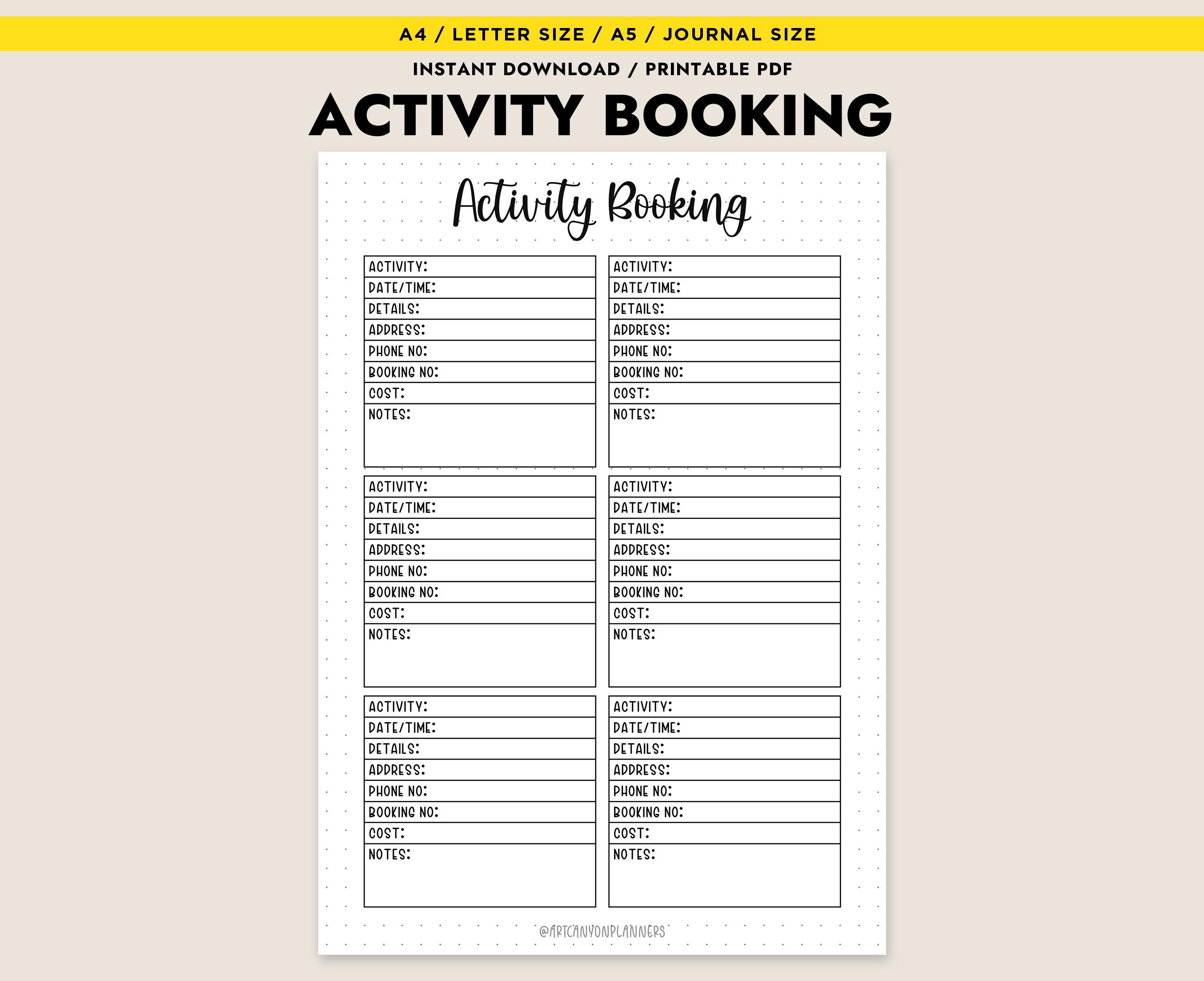 Printable Activity Booking Log Tour Reservation Tracker Travel Planner ...