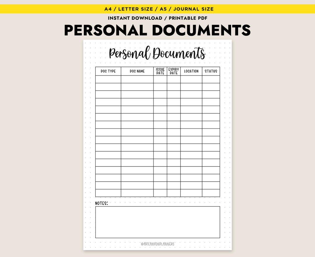 Personal Documents Tracker Printable Important Info Log A4 A5 Letter ...