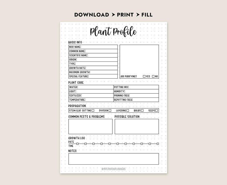 Plant Profile Printable Plant Care Journal Page A4 A5 Letter Instant ...