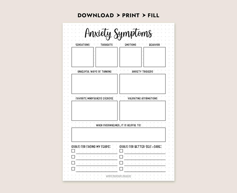 Anxiety Symptoms Worksheet Printable Mental Health Log CBT Therapy Tool ...