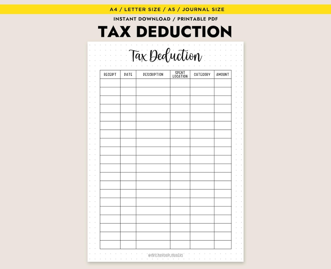 Tax Deduction Tracker Printable Expense Log Business Journal A4 Letter ...