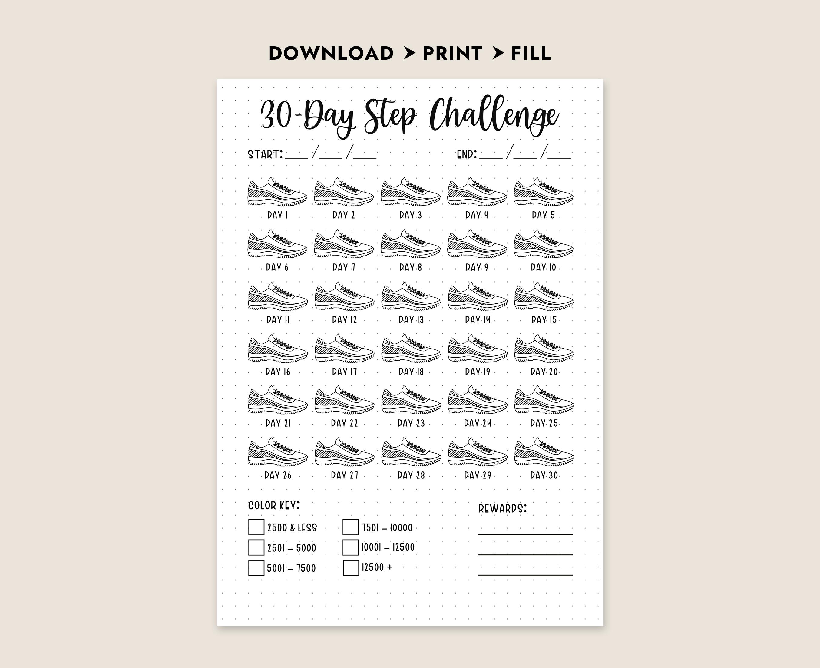 30 Day Step Challenge Tracker Printable Journal Page Planner Exercise ...