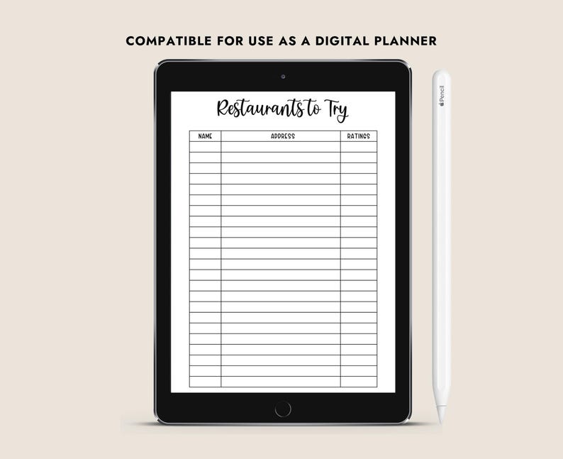 Restaurants to Try Printable Planner Page A4 A5 Letter Journal Size ...