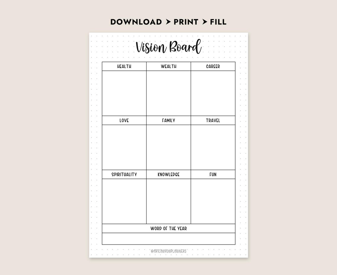 Vision Board Printable Goal Setting Template Dream Board Planner Insert ...
