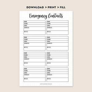 Printable Emergency Contacts List Address Book Insert Travel Safety ...