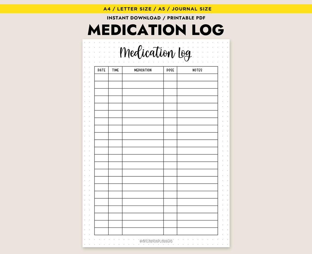 Medication Log Printable A4 A5 Journal Size Instant Download Daily ...