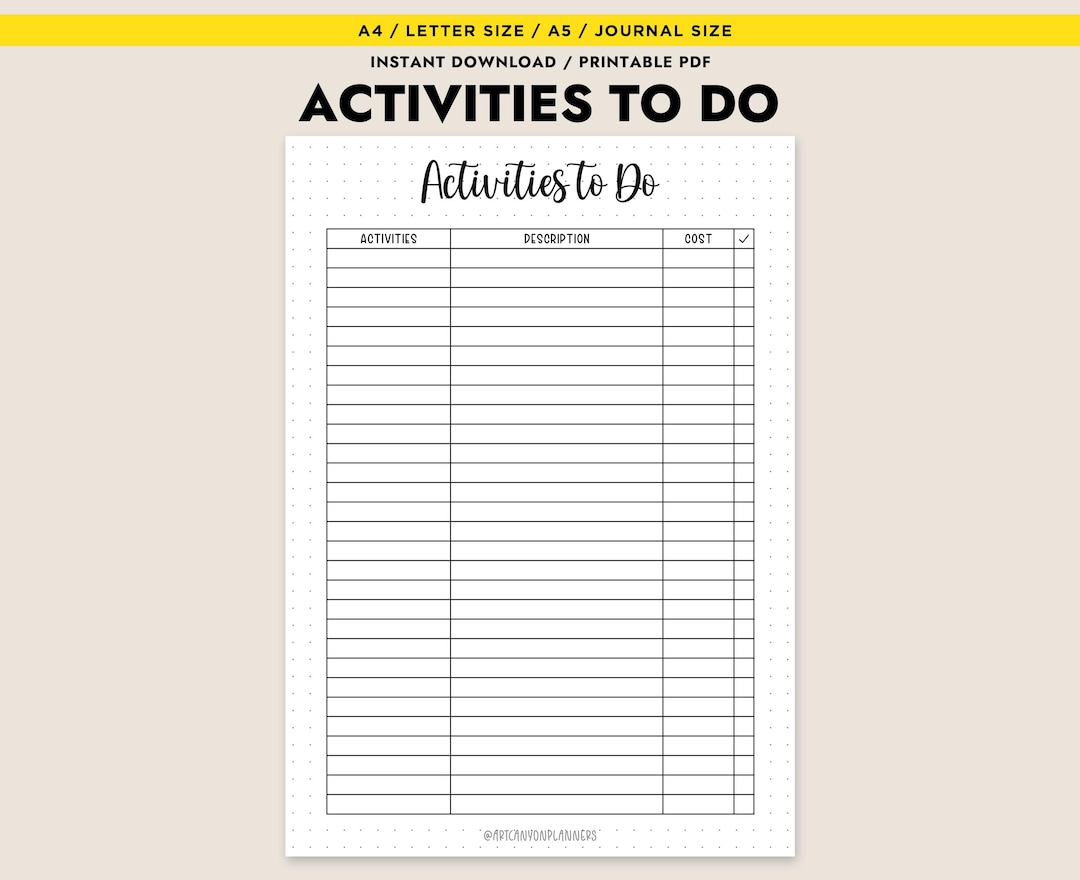 Printable Activities to Do List Travel Itinerary Planner Vacation ...