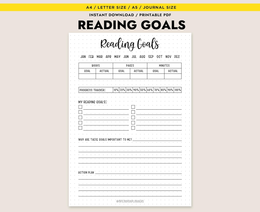 Reading Goals Tracker Printable Book Journal Page Bookworm Planner ...