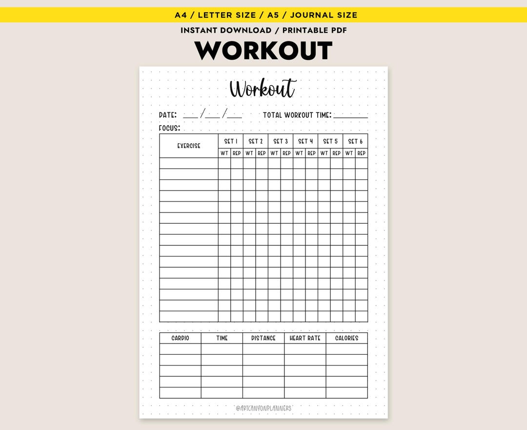 Workout Planner Printable Log Exercise Tracker Sets Reps Cardio A4 A5 ...