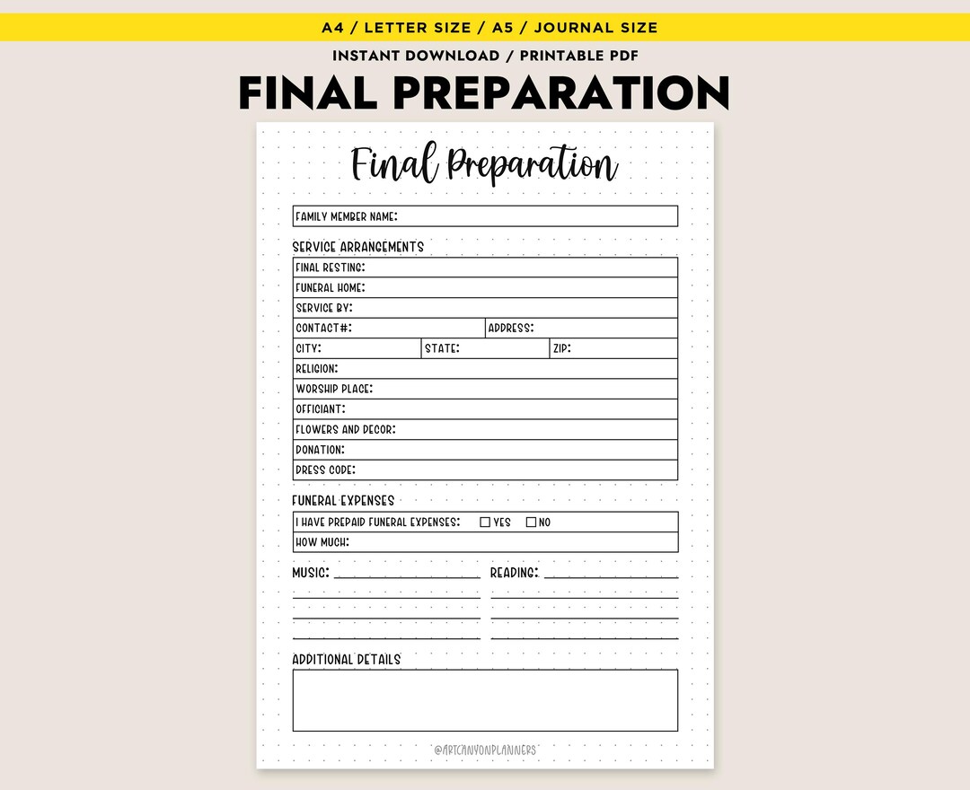 Funeral Planner Printable Final Arrangements Organizer End of Life ...