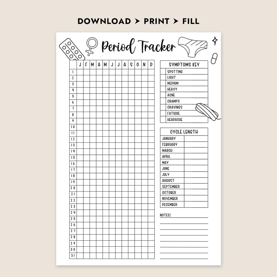 Period Tracker Monthly Printable Planner Journal Page Menstruation Log ...