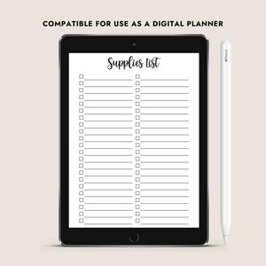 Printable Supplies List Template Instant Download Supplies Checklist A4 A5 Letter Journal Size ...