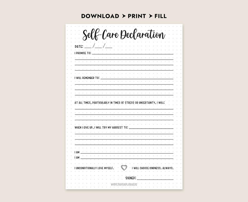 Self Care Declaration Printable Mental Health Journal Insert Self Love ...