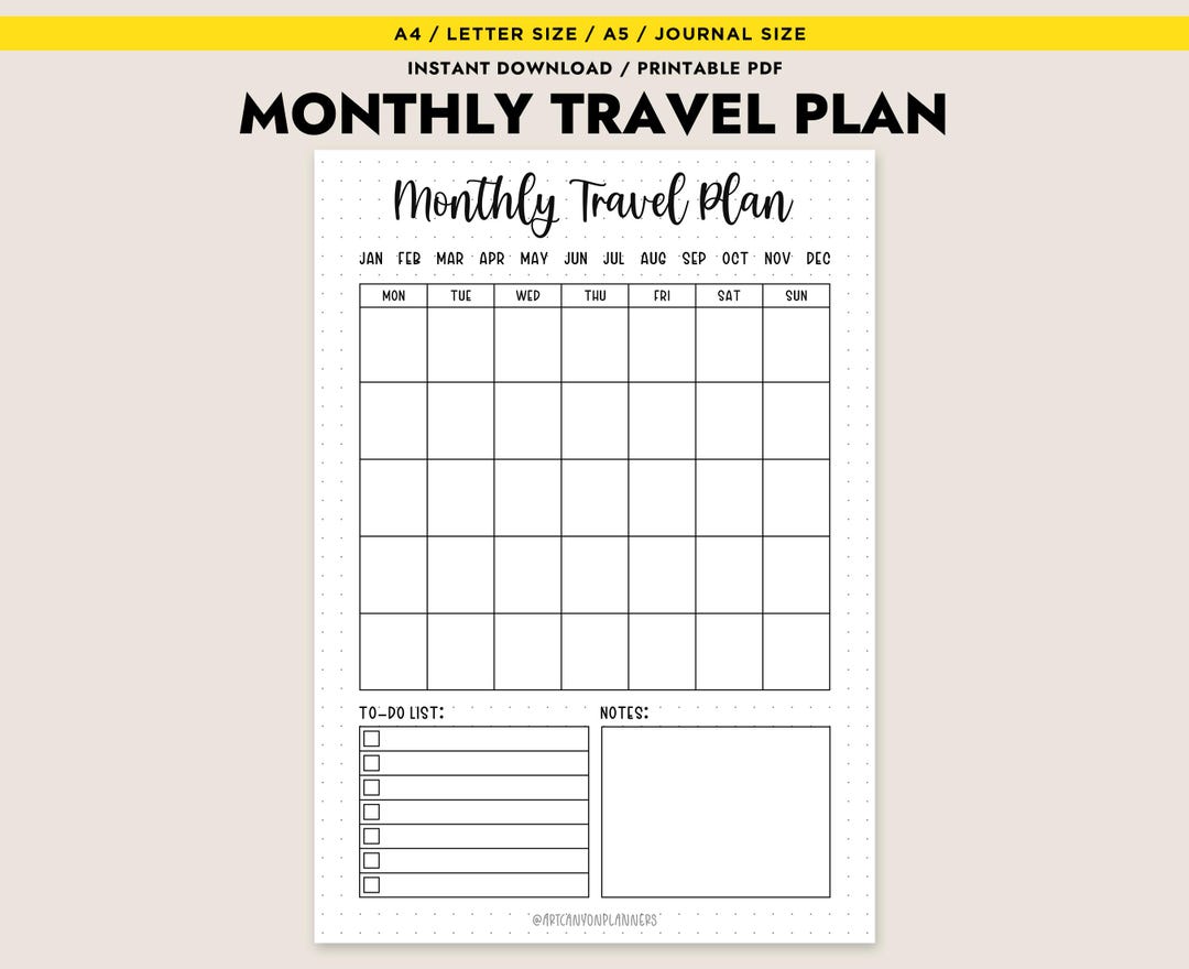 Monthly Travel Plan Planner Printable Digital Download A4 Letter Size ...