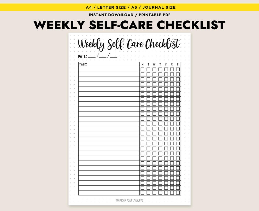 Weekly Self Care Checklist Printable Habit Tracker A4 A5 Letter Size ...