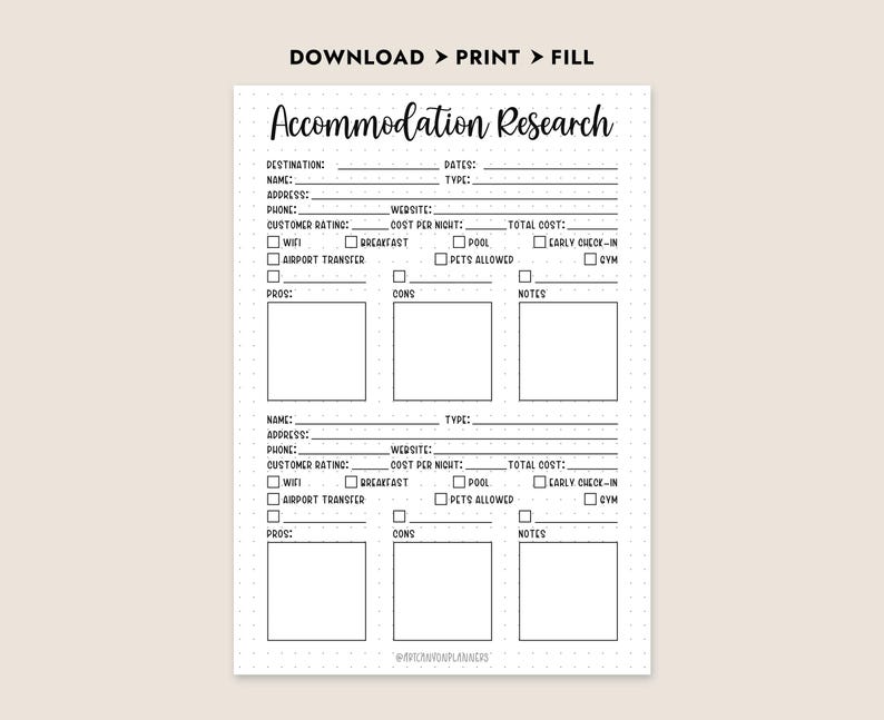 Printable Accommodation Research Sheet Hotel Comparison Template Travel ...