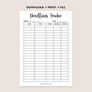 Deadlines Tracker Printable Planner Insert A4 A5 Letter Digital ...