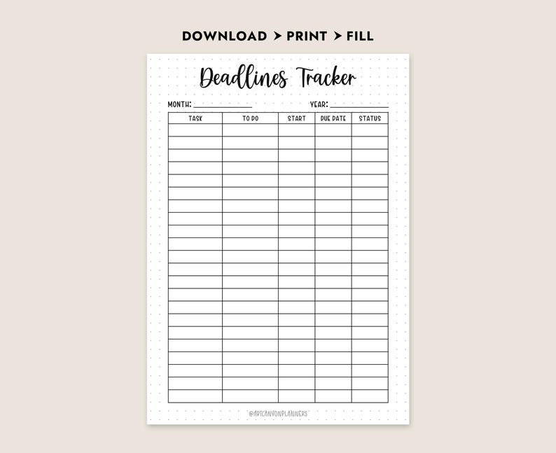 Deadlines Tracker Printable Planner Insert A4 A5 Letter Digital ...