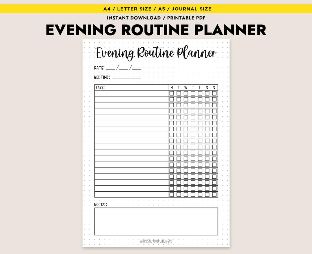 Evening Routine Planner Printable Checklist Weekly Habit Tracker A4 A5 ...