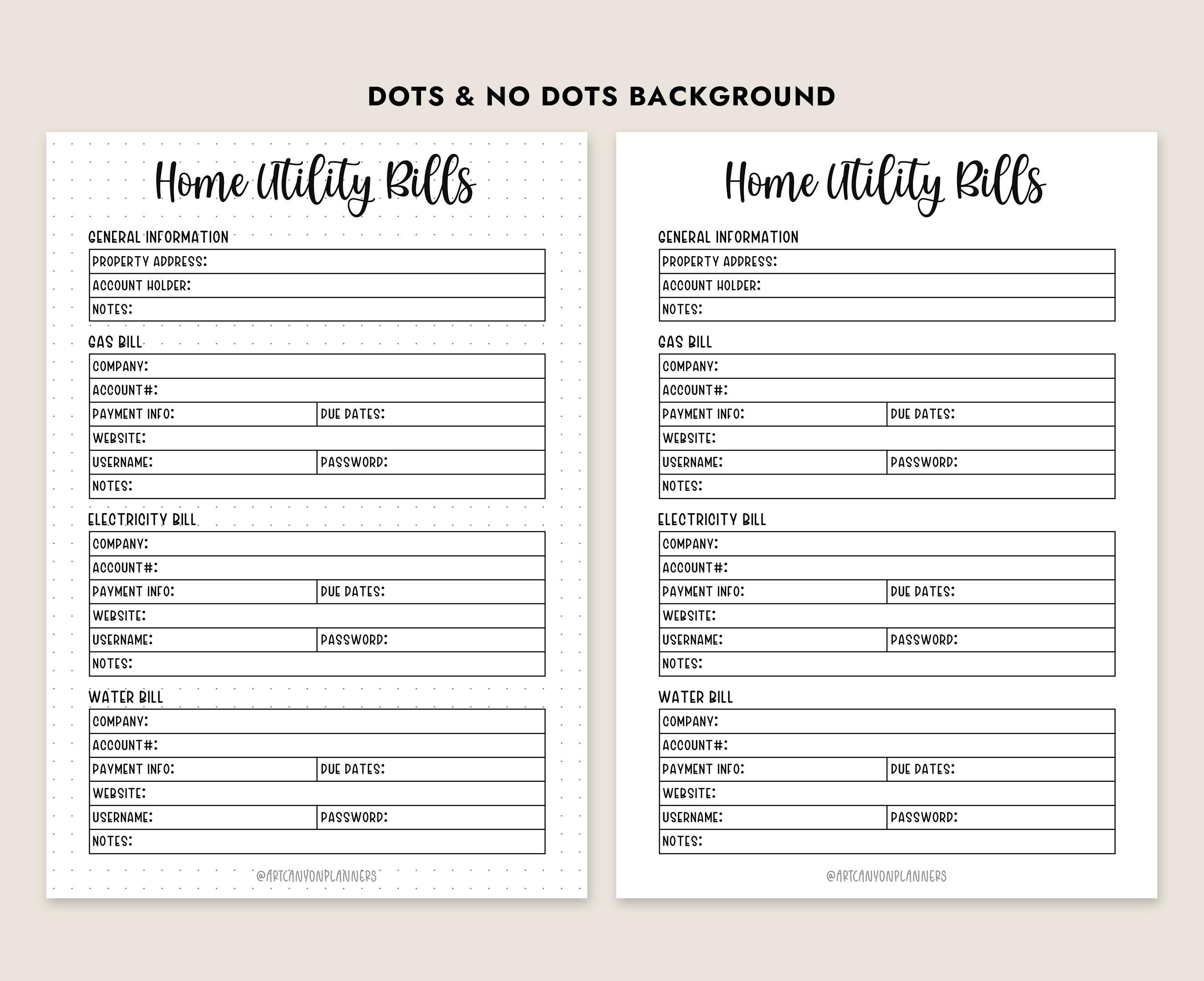 Home Utility Bill Tracker Printable Bill Organizer Planner Insert A4 A5 ...