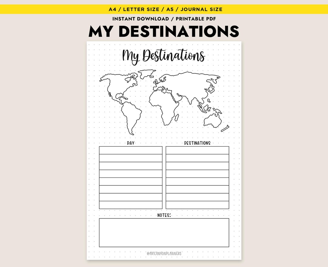 Printable My Destinations Travel Planner World Map Destination Log ...