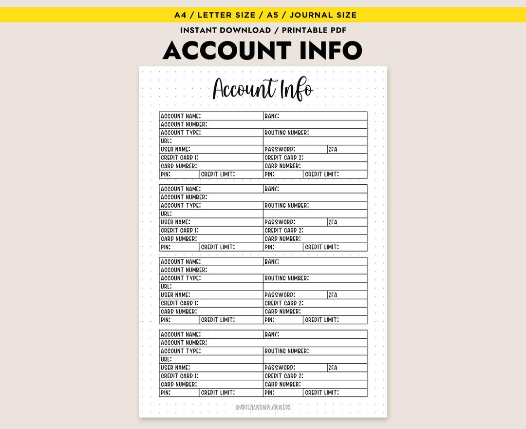 Printable Account Info Tracker Password Log Financial Organizer Insert ...