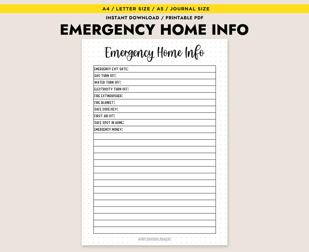 Emergency Home Info Printable Family Safety Planner Insert Household ...