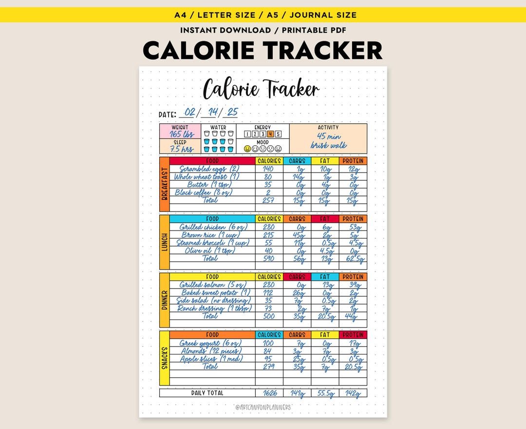 Daily Printable Calorie Tracker Log PDF Printable Workout Exercises ...