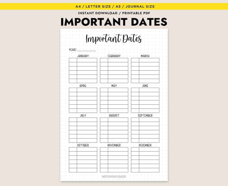 Printable Important Dates Yearly Tracker Annual Overview A4 Letter A5 ...