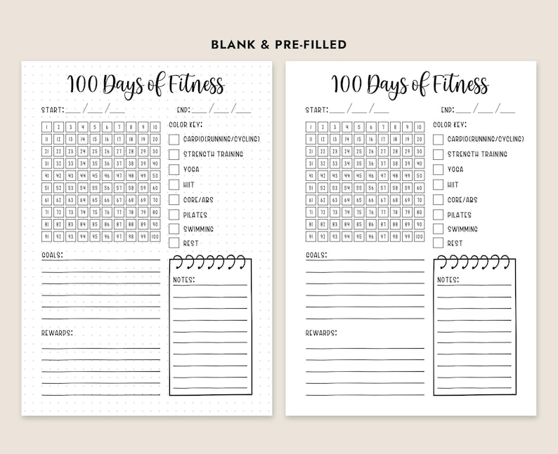 100 Day Challenge Tracker Printable Journal Page Planner Exercise ...