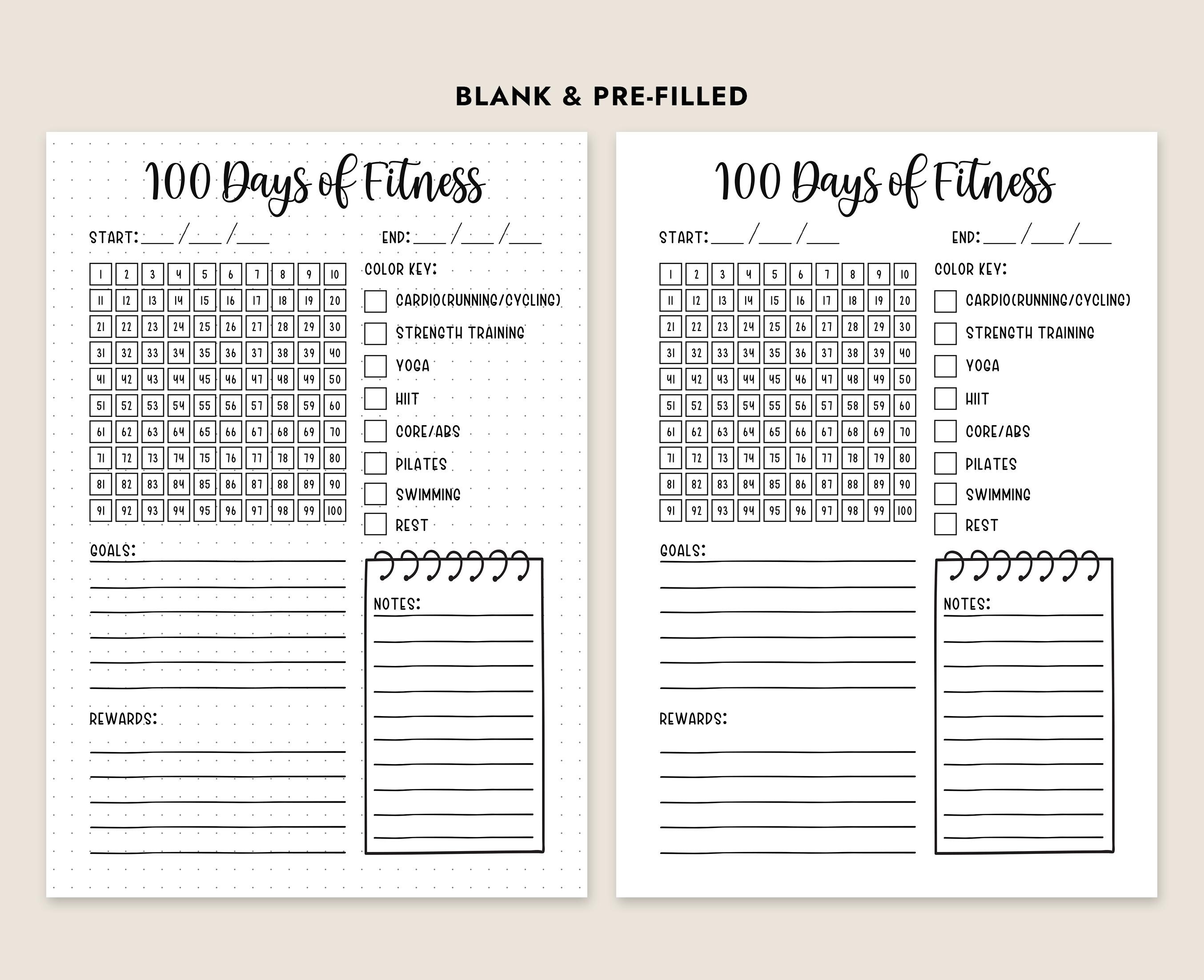 100 Day Challenge Tracker Printable Journal Page Planner Exercise ...